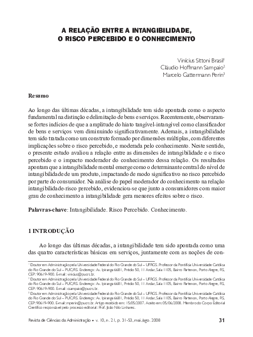 (PDF) A RELAÇÃO ENTRE A INTANGIBILIDADE, O RISCO PERCEBIDO E O CONHECIMENTO