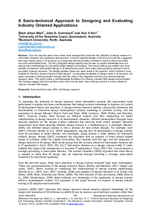 (PDF) A Socio-technical Approach to Designing and Evaluating Industry Oriented Applications
