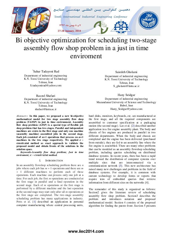 Pdf Bi Objective Optimization For Scheduling Two Stage Assembly Flow Shop Problem In A Just In