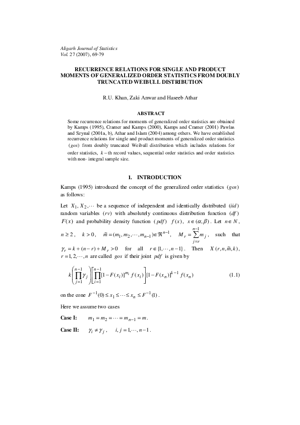 Pdf Recurrence Relations For Single And Product Moments Of Generalized Order Statistics From