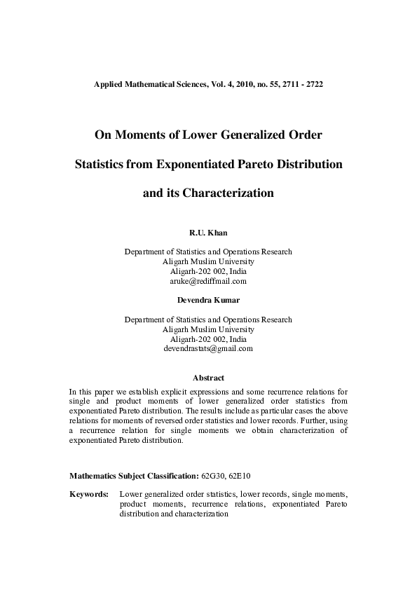 Pdf On Moments Of Lower Generalized Order Statistics From Exponentiated Pareto Distribution