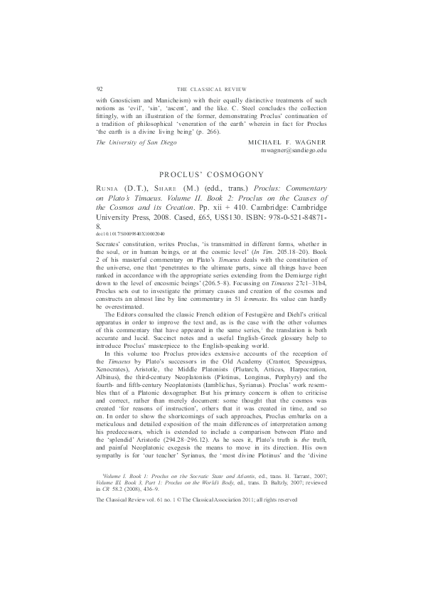 (PDF) Proclus' Cosmogony (DT) Runia,(M.) Share (edd., trans.) Proclus ...
