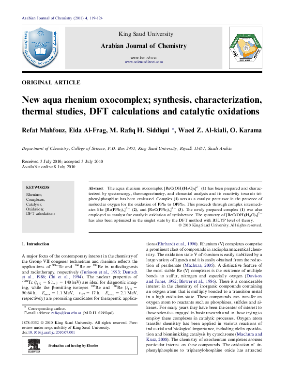 (PDF) New aqua rhenium oxocomplex; synthesis, characterization, thermal studies, DFT ...