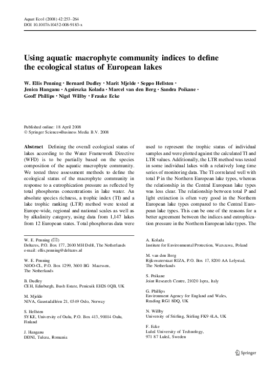Pdf Using Aquatic Macrophyte Community Indices To Define The
