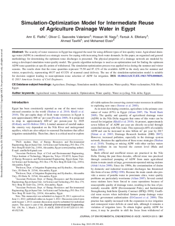 (PDF) Simulation-Optimization Model for Intermediate Reuse of Agriculture Drainage Water in Egypt
