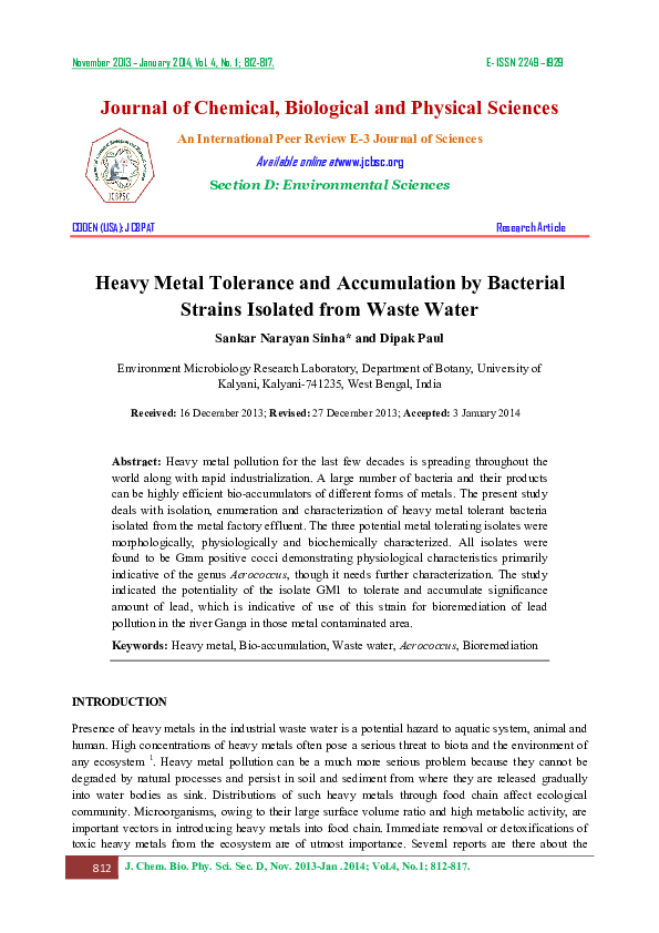 Pdf Heavy Metal Tolerance And Accumulation By Bacterial Strains