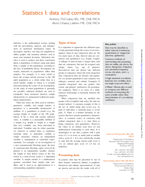(PDF) Statistics I data and correlations