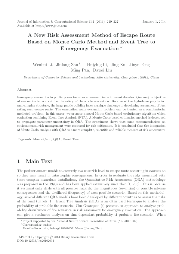 (PDF) A New Risk Assessment Method of Escape Route Based on Monte Carlo ...