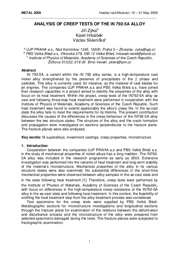 (PDF) ANALYSIS OF CREEP TESTS OF THE IN 792-5A ALLOY Jiří Zýka a