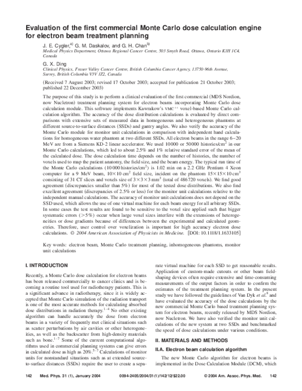 Pdf Evaluation Of The First Commercial Monte Carlo Dose Calculation Engine For Electron Beam