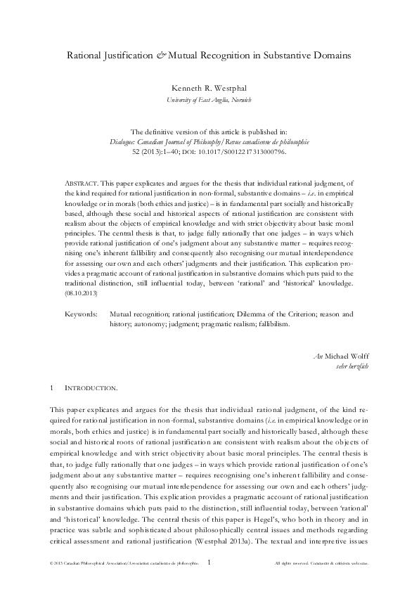 (PDF) Rational Justification & Mutual Recognition in Substantive Domains
