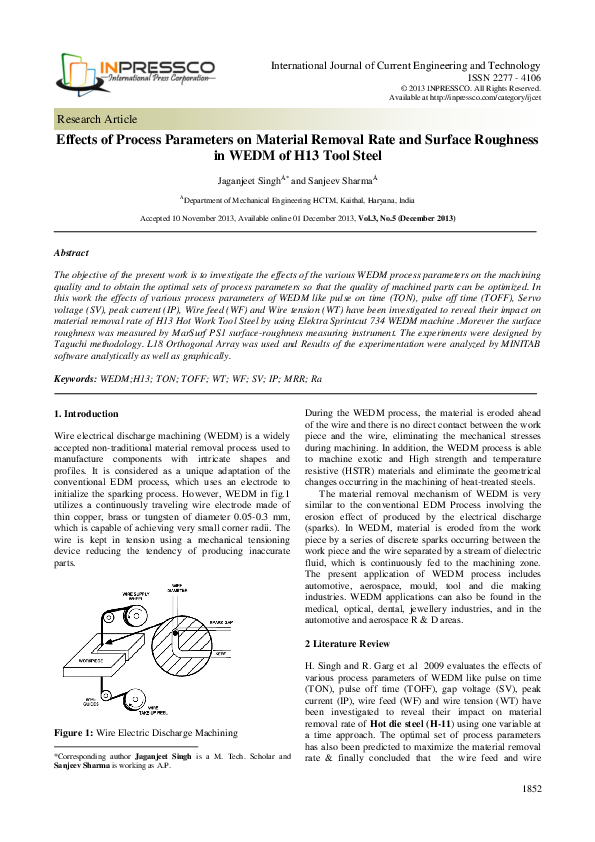 Pdf Effects Of Process Parameters On Material Removal Rate And Surface Roughness In Wedm Of