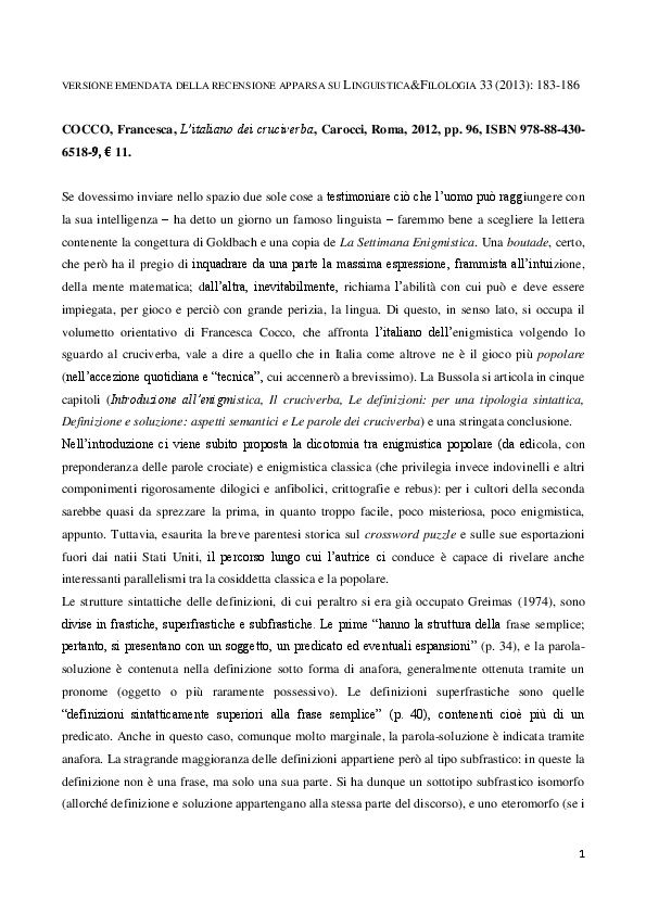 Review of: Francesca Cocco, L'italiano dei cruciverba