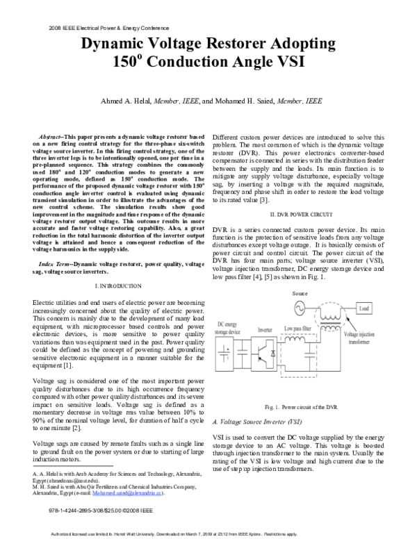 (PDF) Dynamic Voltage Restorer Adopting 150 o Conduction Angle VSI
