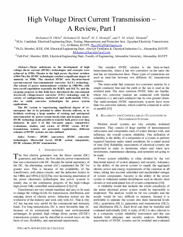 (PDF) High Voltage Direct Current Transmission A Review, Part I