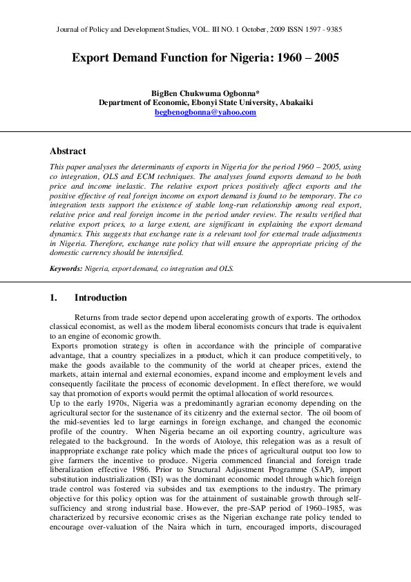 (PDF) Export Demand Function for Nigeria: 1960 – 2005