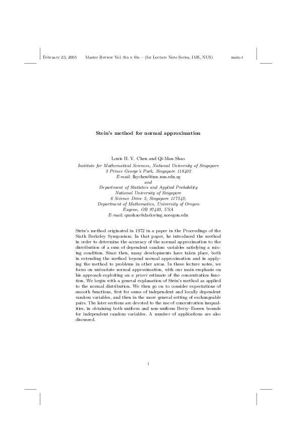 (PDF) Stein's method for normal approximation