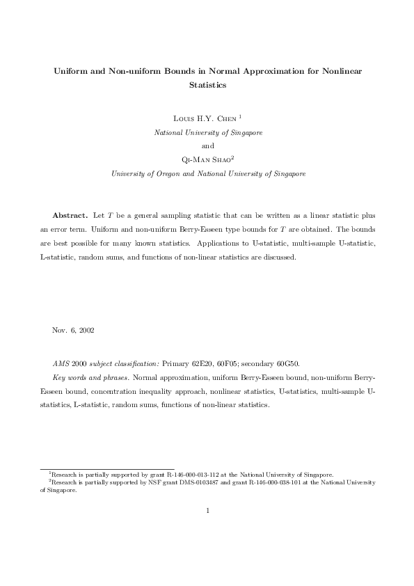 (PDF) Uniform and Non-uniform Bounds in Normal Approximation for Nonlinear Statistics