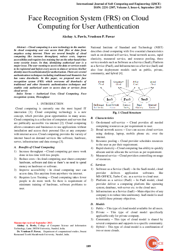 Pdf Cloud Based Face Recognition For Authentication