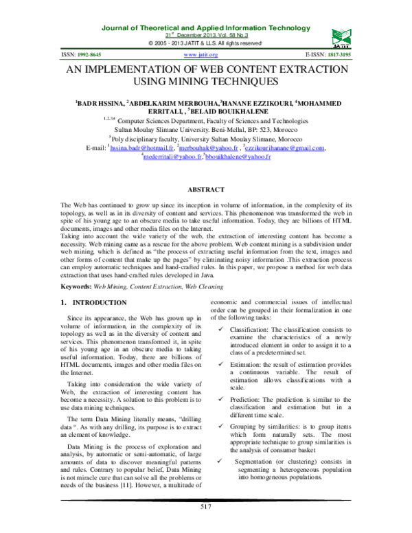 Pdf An Implementation Of Web Content Extraction Using Mining Techniques