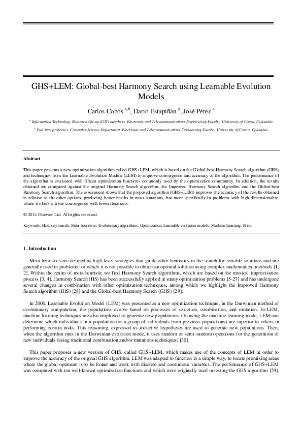 (PDF) GHS + LEM: Global-best Harmony Search using learnable evolution models