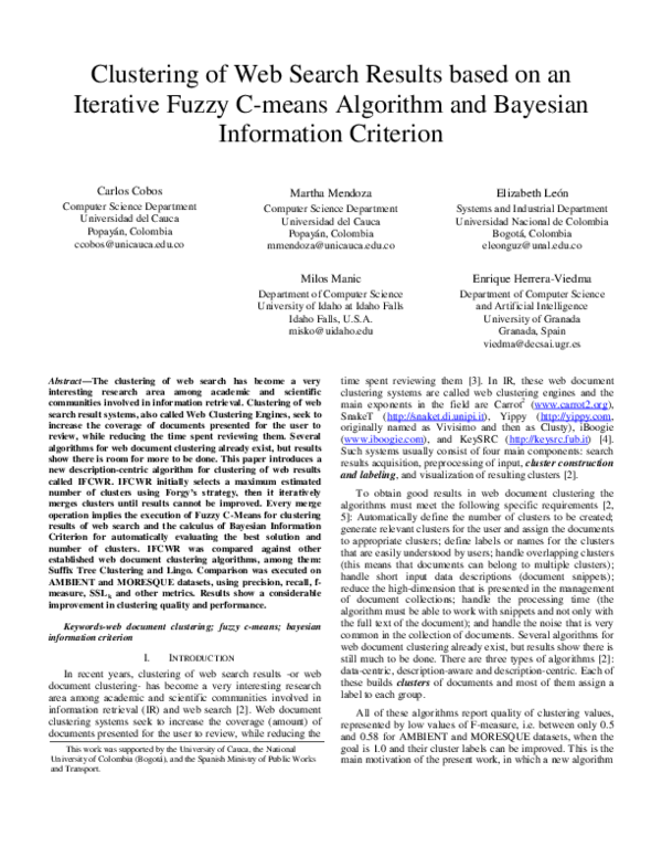 Pdf Clustering Of Web Search Results Based On An Iterative Fuzzy C Mea
