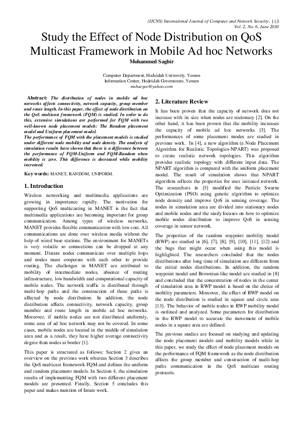 (PDF) Study the Effect of Node Distribution on QoS Multicast Framework in Mobile Ad hoc Networks