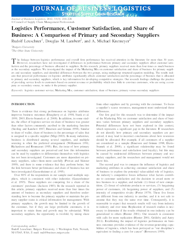(PDF) Logistics Performance, Customer Satisfaction, and Share of ...