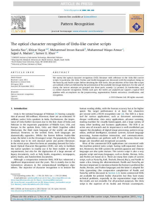 (PDF) The optical character recognition of Urdu-like cursive scripts