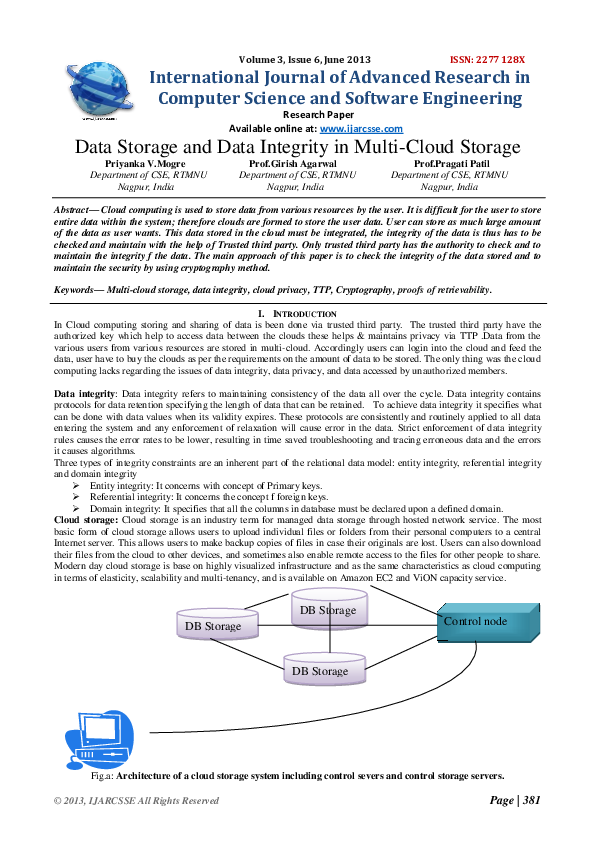 (PDF) 2013, IJARCSSE All Rights Reserved Data Storage and Data Integrity in Multi-Cloud Storage