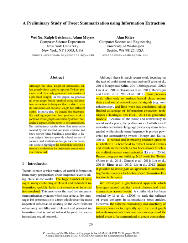 (PDF) A Preliminary Study of Tweet Summarization using Information Extraction