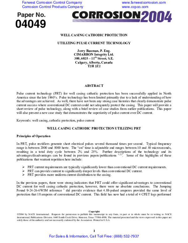 (PDF) WELL CASING CATHODIC PROTECTION UTILIZING PULSE CURRENT TECHNOLOGY