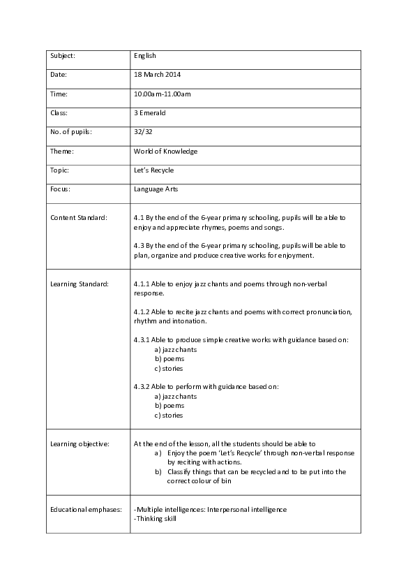 (DOC) Lesson plan for poem year 3