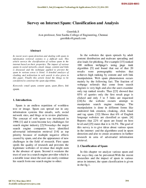 Survey On Internet Spam Classification And Analysis