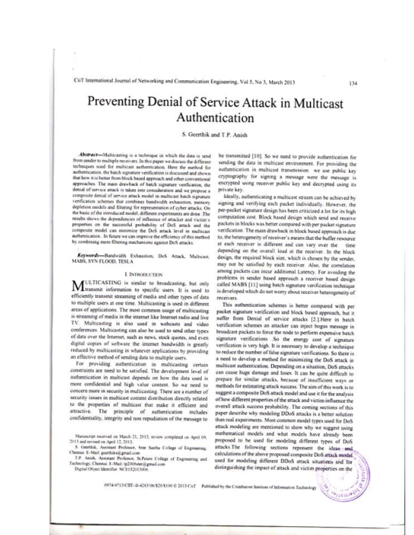 Preventing Dos Attack In Multicast Authentication