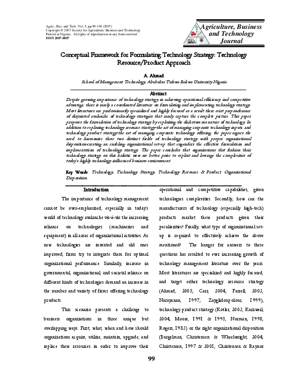 (PDF) Conceptual Framework for Formulating Technology Strategy ...