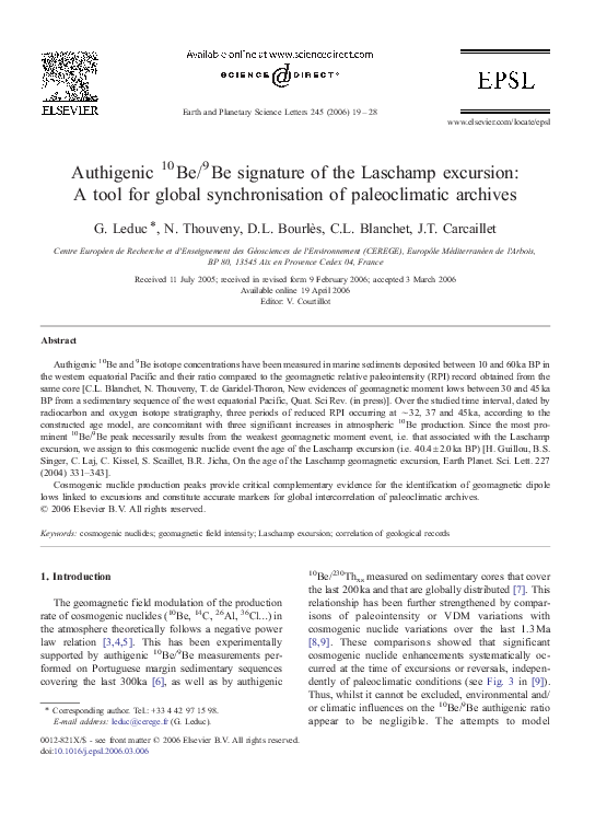 (PDF) Authigenic 10Be/9Be signature of the Laschamp excursion: A tool ...