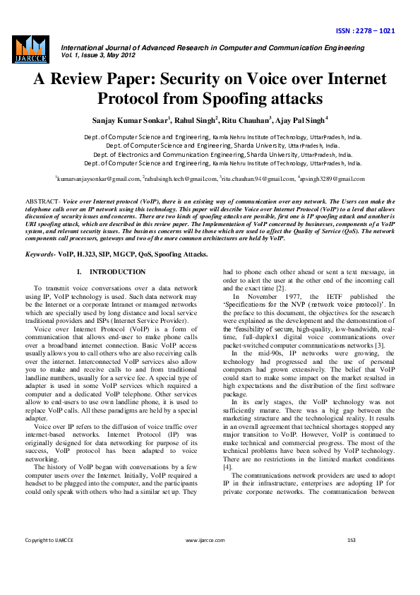 (PDF) A Review Paper Security on Voice over Internet Protocol from Spoofing attacks 2
