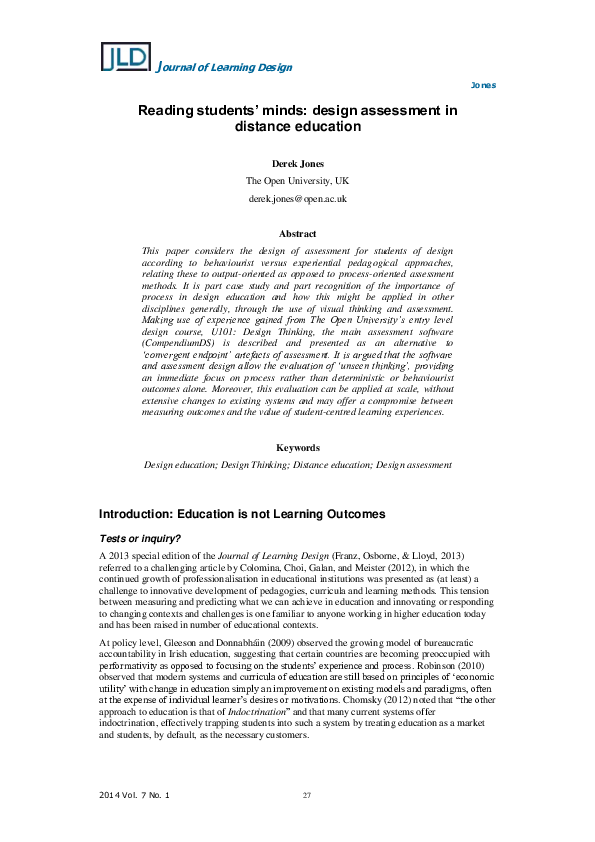 (PDF) Reading students’ minds : design assessment in distance education