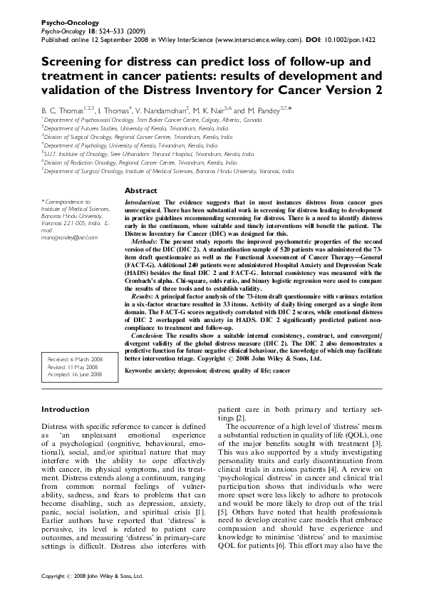 (PDF) Screening for distress can predict loss of follow-up and ...