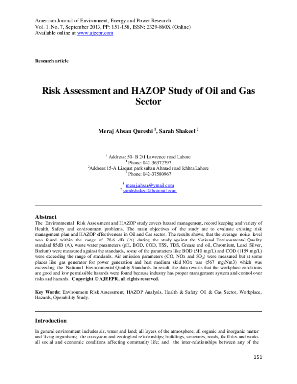(PDF) Risk assessment & HAZOP of OIL & Gas Sector
