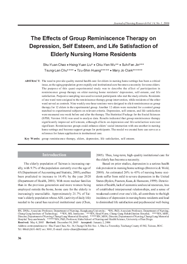 (PDF) The Effects of Group Reminiscence Therapy on Depression, Self Esteem, and Life ...