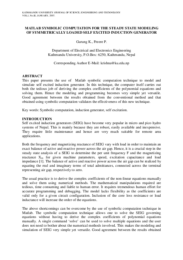 Pdf Matlab Symbolic Computation For The Steady State Modeling Of Symmetrically Loaded Self 3055