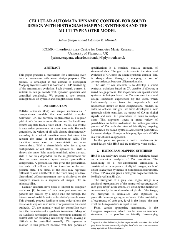Pdf Cellular Automata Dynamic Control For Sound Design With Histogram