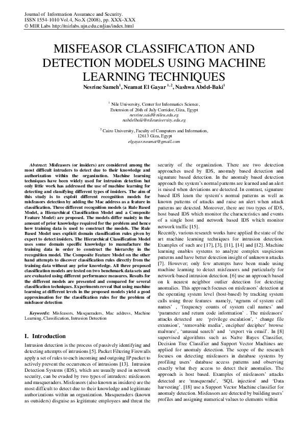 Pdf Misfeasor Classification And Detection Models Using Machine Learning Techniques