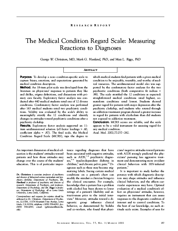 (PDF) The Medical Condition Regard Scale: Measuring Reactions to Diagnoses