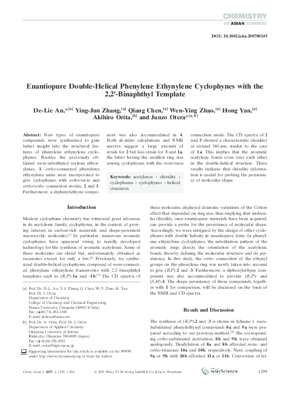 Enantiopure Double-Helical Phenylene Ethynylene Cyclophynes with the 2 ...