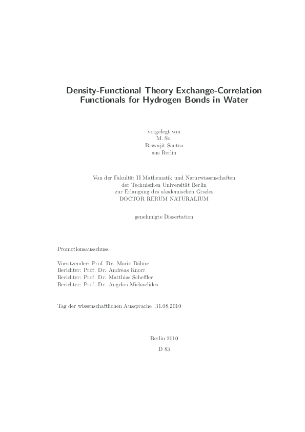 (PDF) Density-functional theory exchange-correlation functionals for hydrogen bonds in water