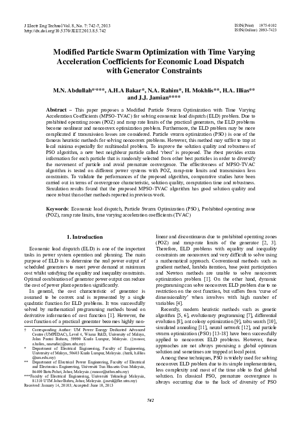 Pdf Modified Particle Swarm Optimization With Time Varying Acceleration Coefficients For