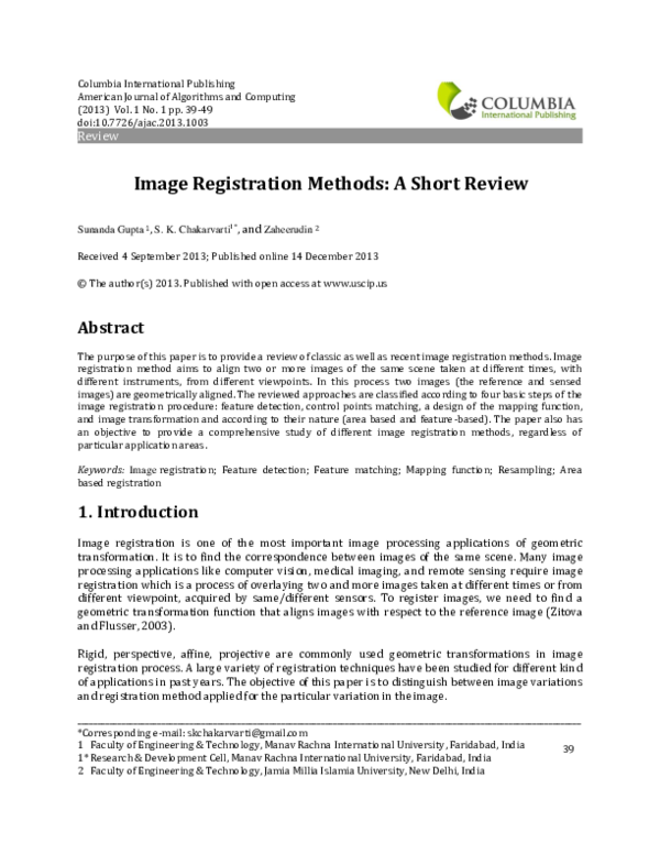 (PDF) Image Registration Methods: A Short Review
